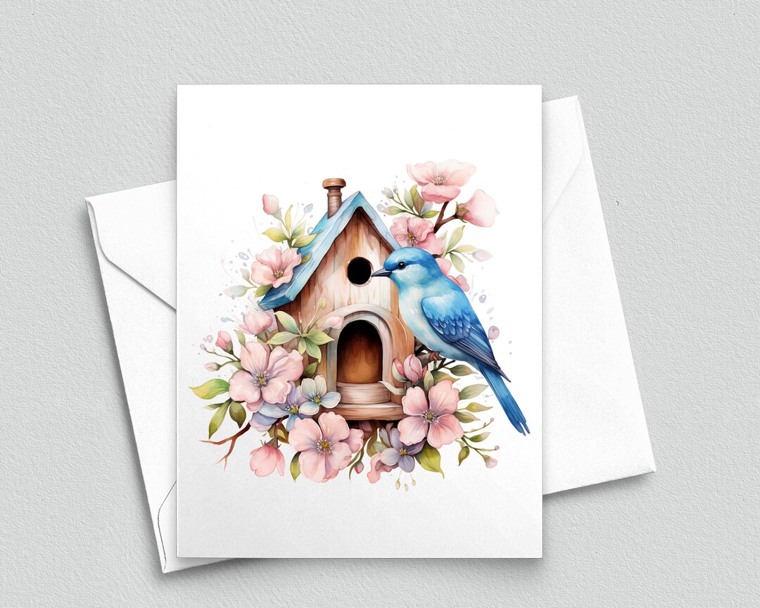 Customizable Spring Serenity: Wooden Birdhouse Note Cards - A2 ...