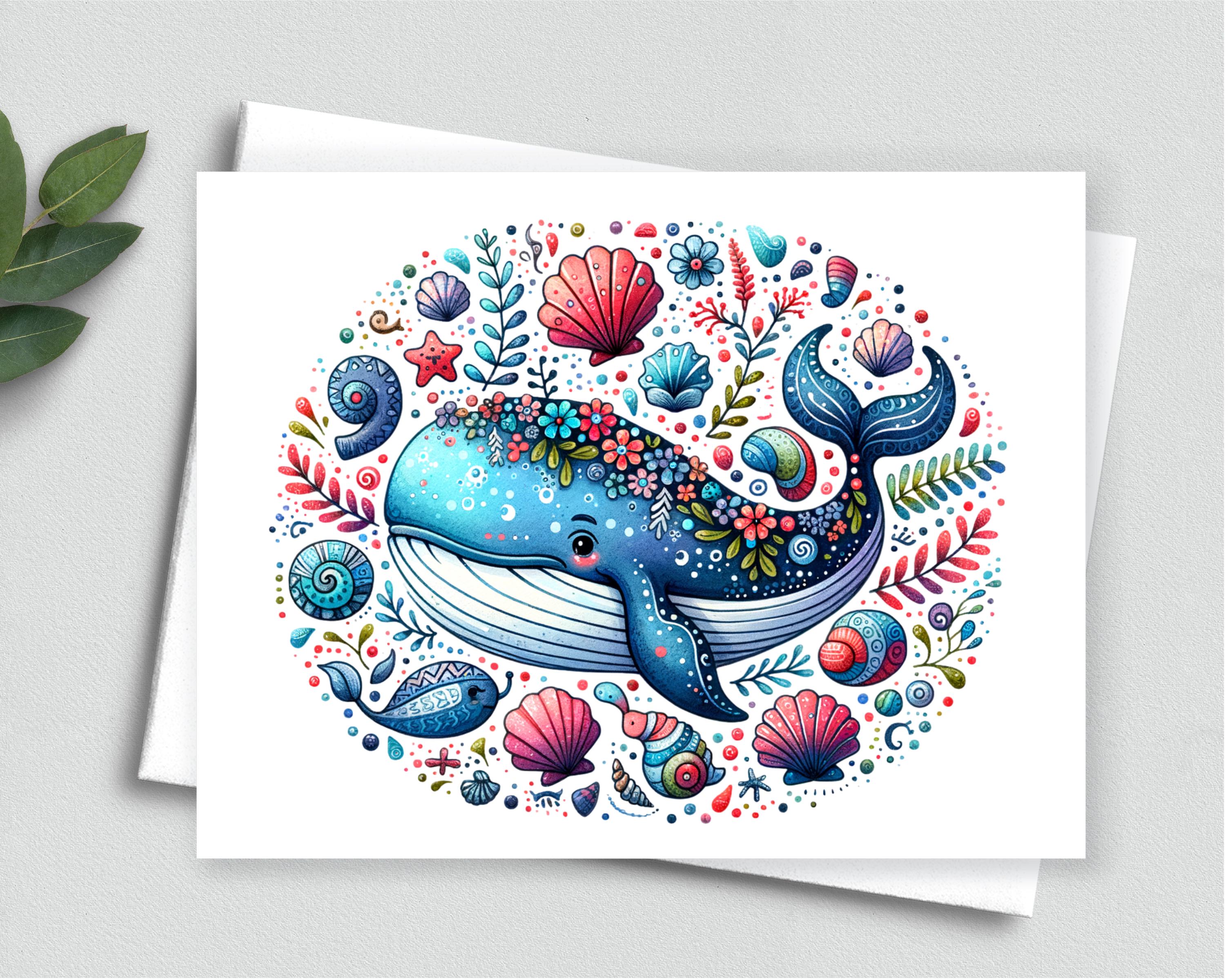 Whimsical Ocean Whale Note Card Underwater Seashells and Floral Design ...