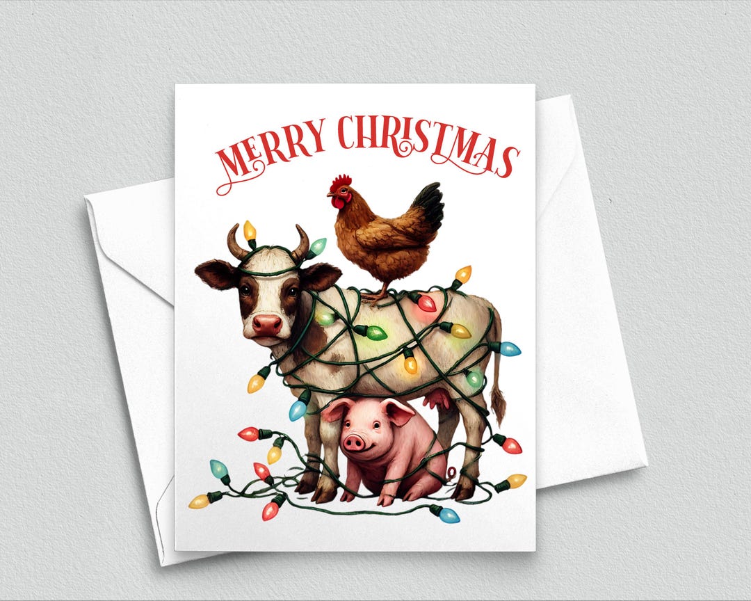 Customizable Merry Christmas Farm Animal Note Card - Festive Cow, Pig ...