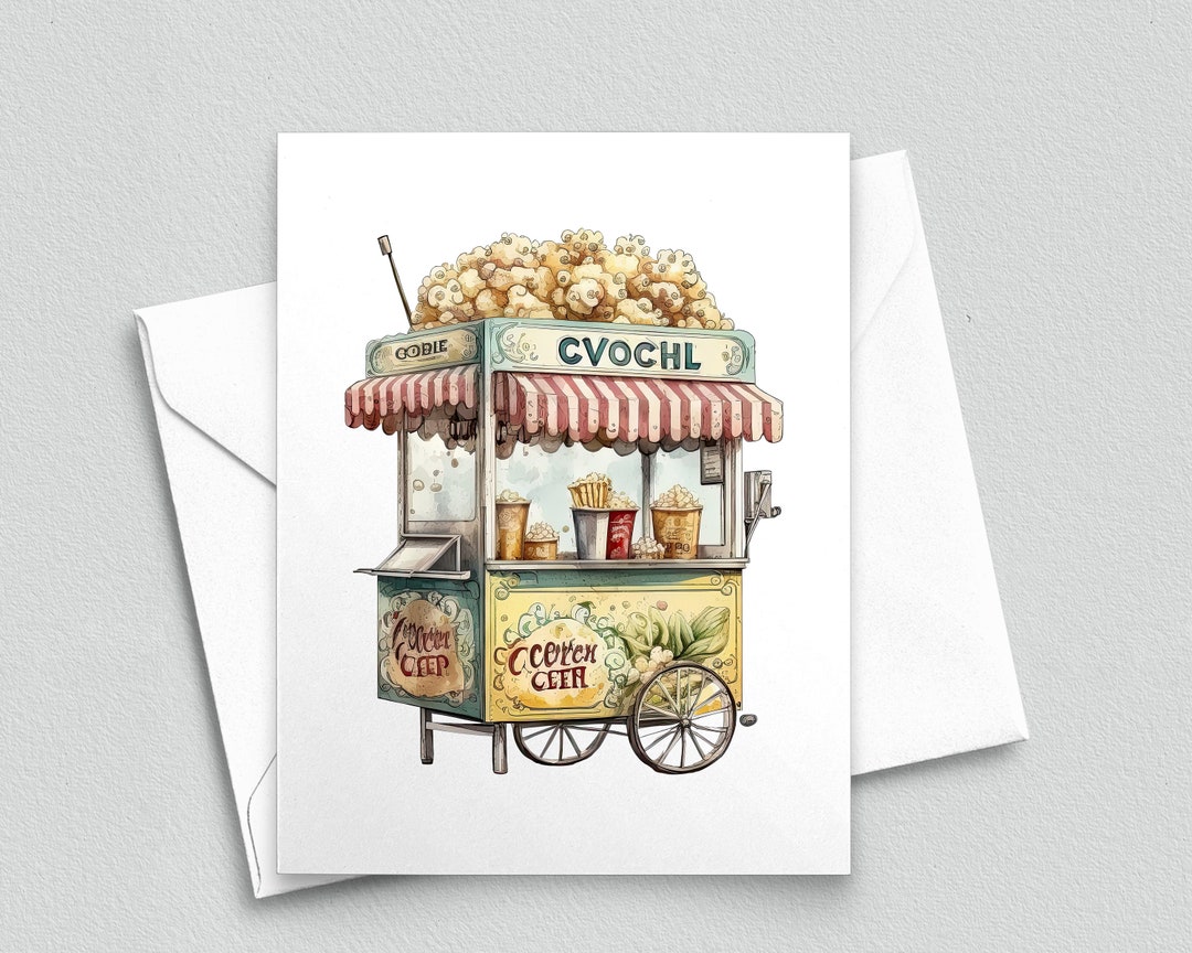 Popcorn Paradise: Whimsical Popcorn Cart Note Card A2 Blank Note Cards ...