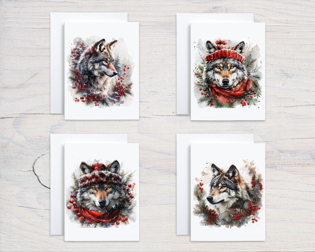 Customizable Winter Wolf Serenade Note Cards - 4 Card Set of Christmas ...