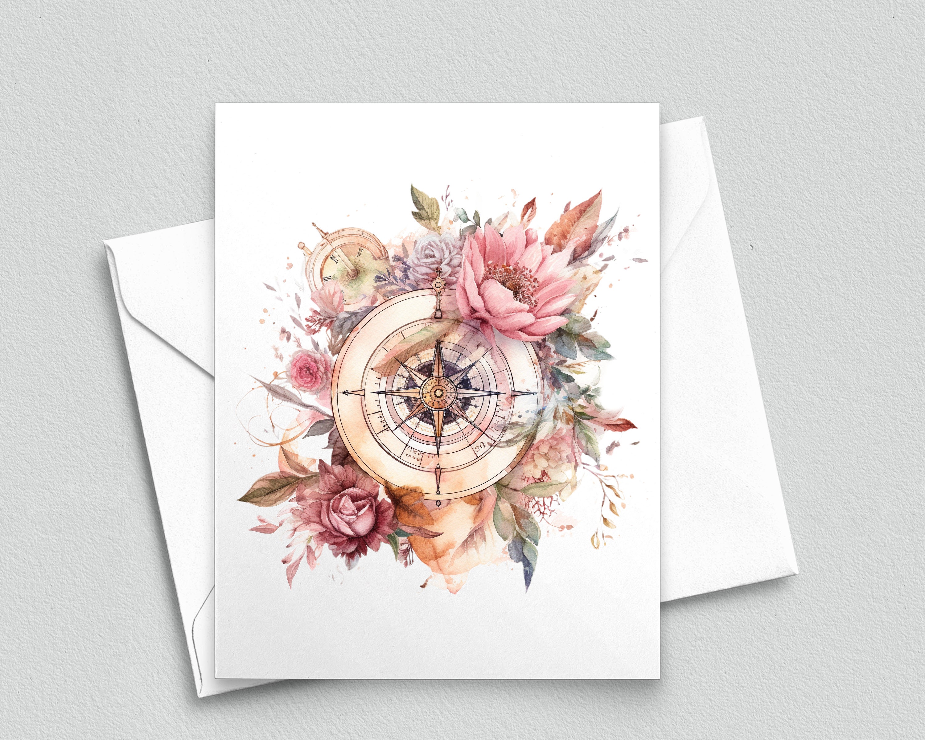 Bohemian Navigator: Nautical Compass & Flowers Note Card - A2 Note ...