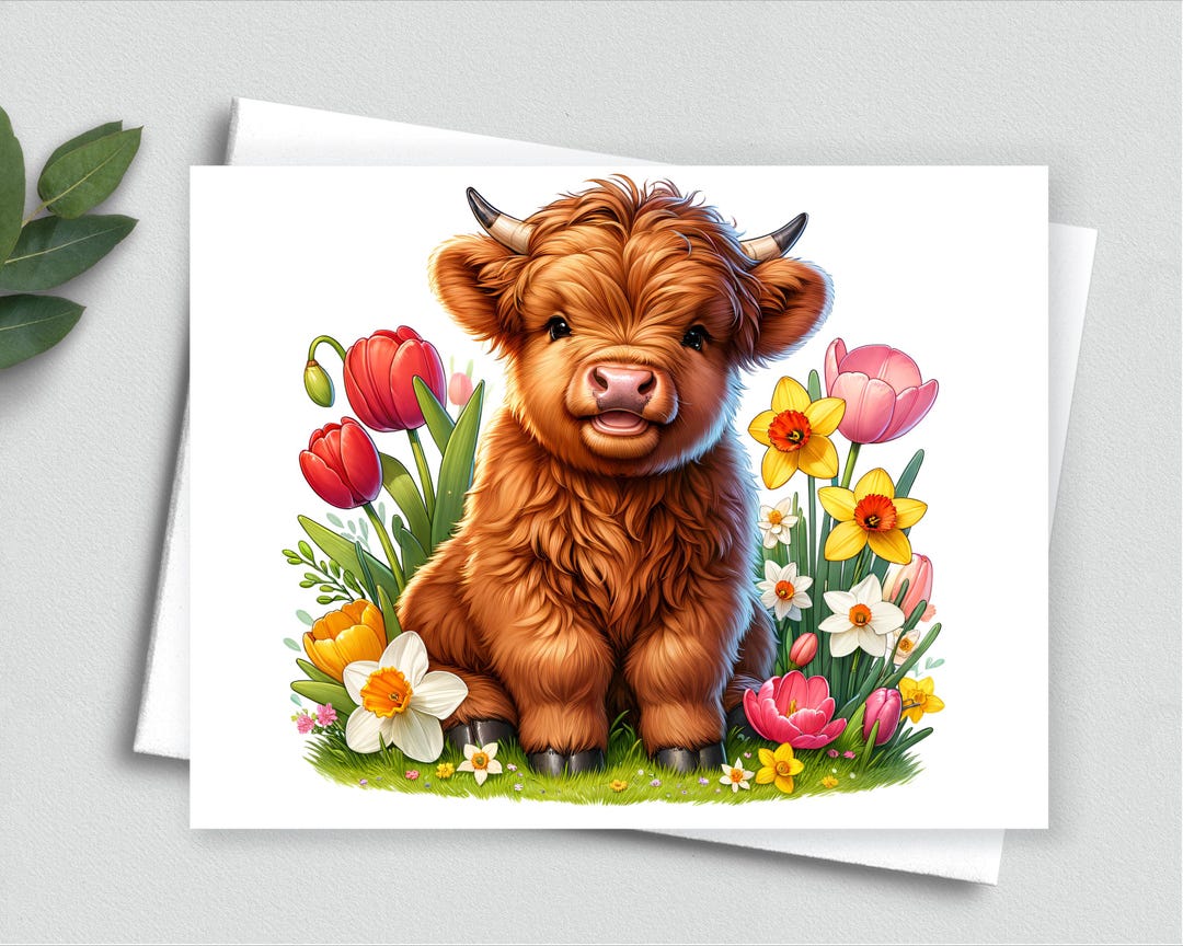 Highland Cow Spring Note Card – Cute Fluffy Calf With Tulips and ...