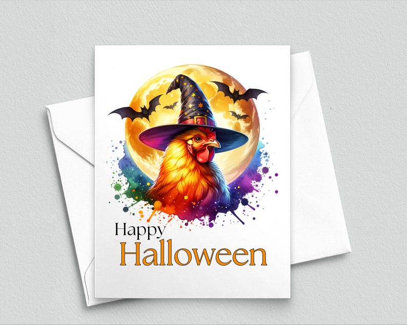 Spooky Halloween Chicken Note Card Witch Hat and Full Moon Design ...