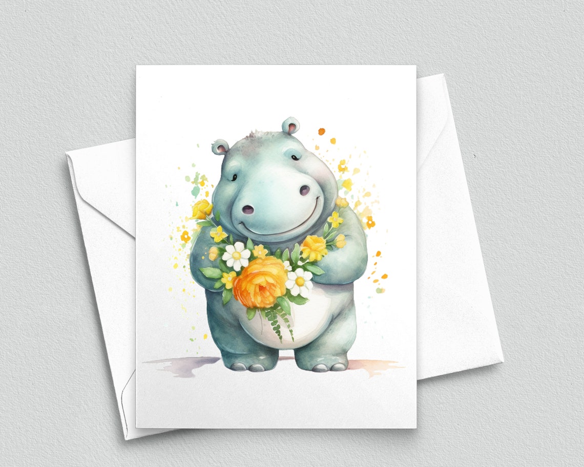Happy Hippo Blooms - Sweet Hippopotamus Note Card - A2 Personalizable ...