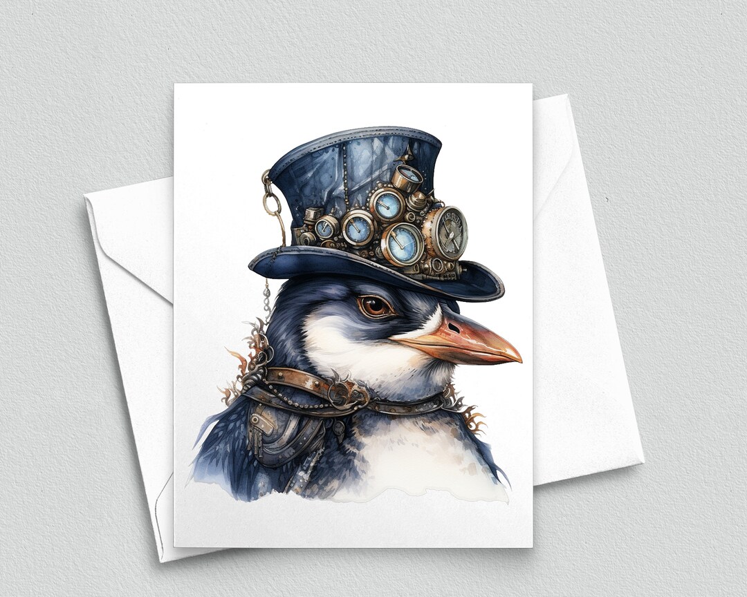 Steampunk Explorer Penguin - Fantasy Penguin Note Card - A2 Blank Note ...