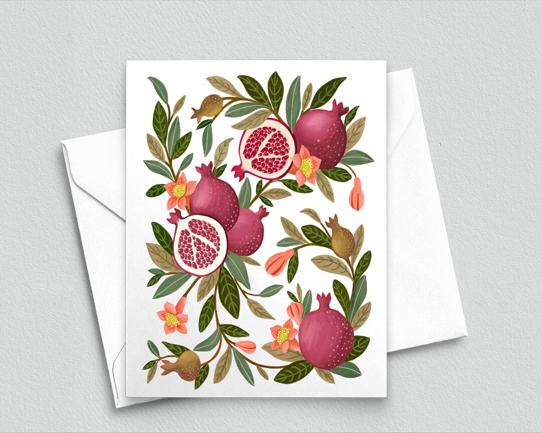 Pomegranate Botanical Note Card – Hand-drawn Fruit Stationery for ...