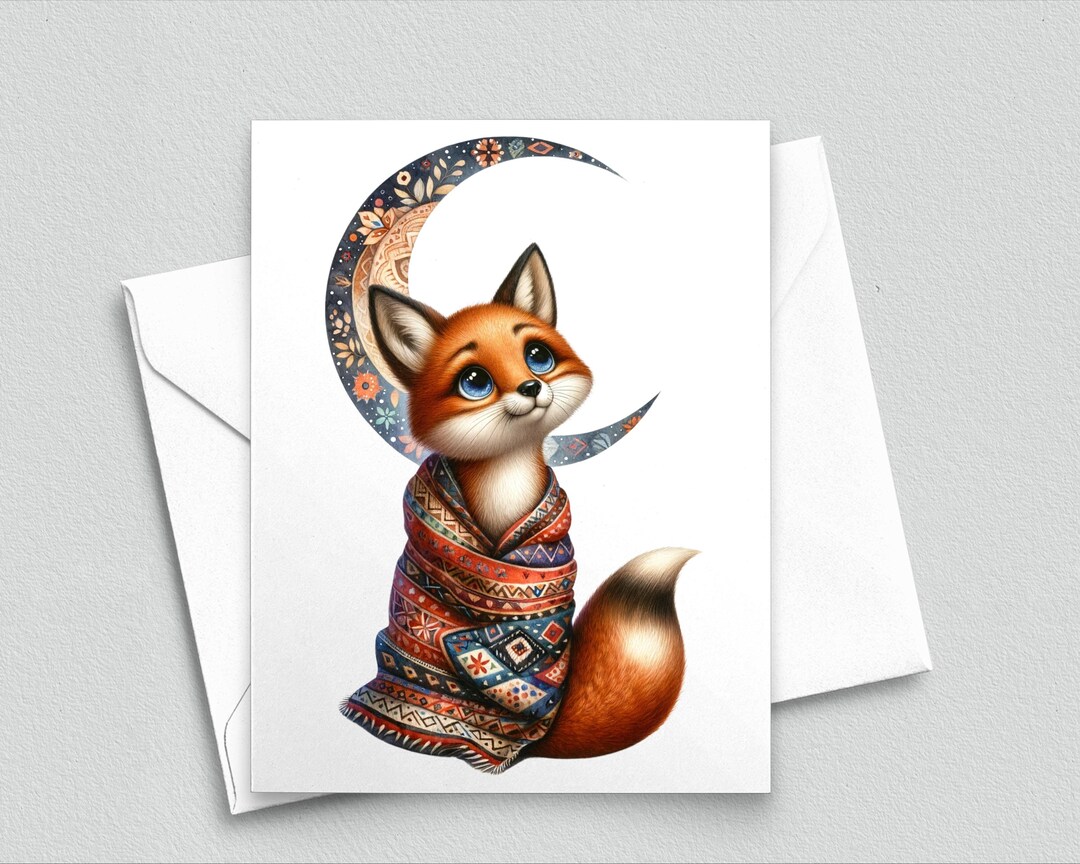 Baby Fox and Crescent Moon Note Card – Cozy Boho Woodland Animal ...