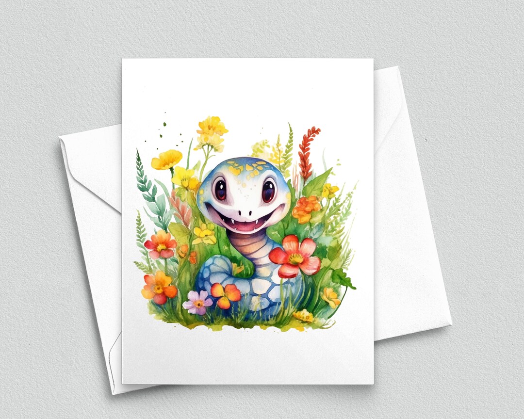 Sunny Serpent Surprise : Cute Smiling Snake in Flowers Note Card - A2 ...