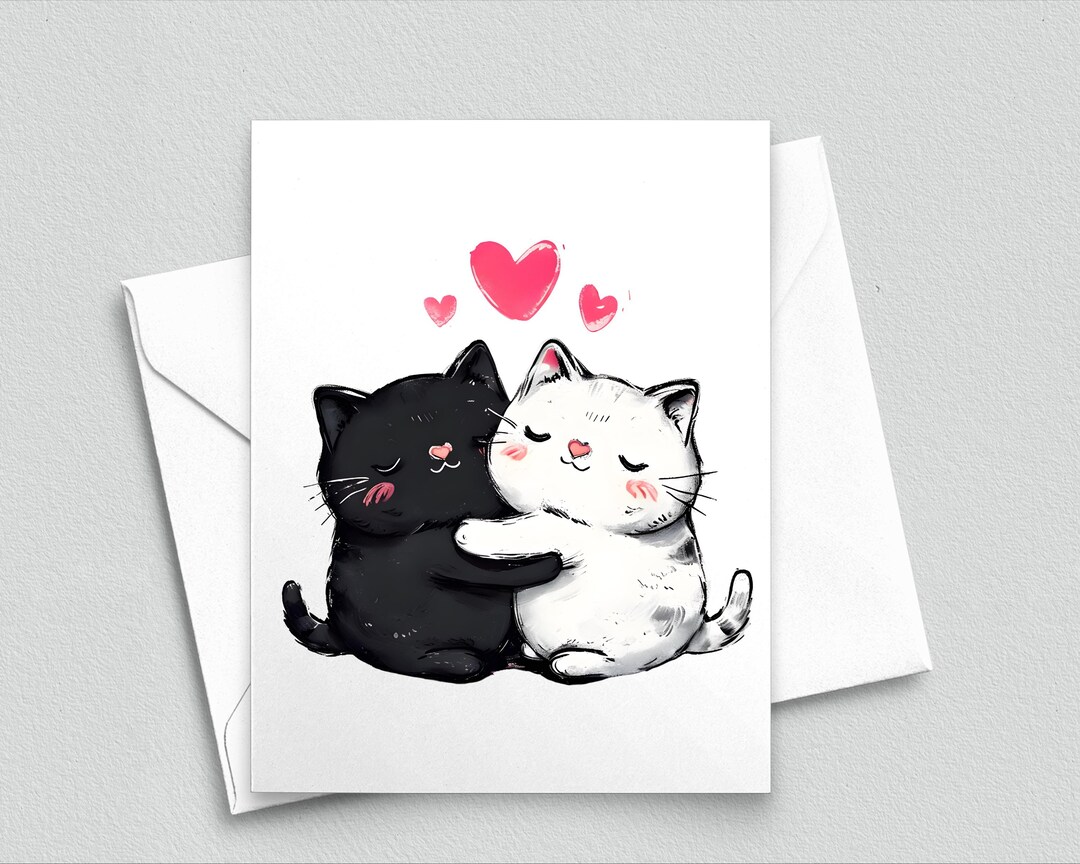 Adorable Cat Couple Valentine Card – Cute Black and White Cats With ...