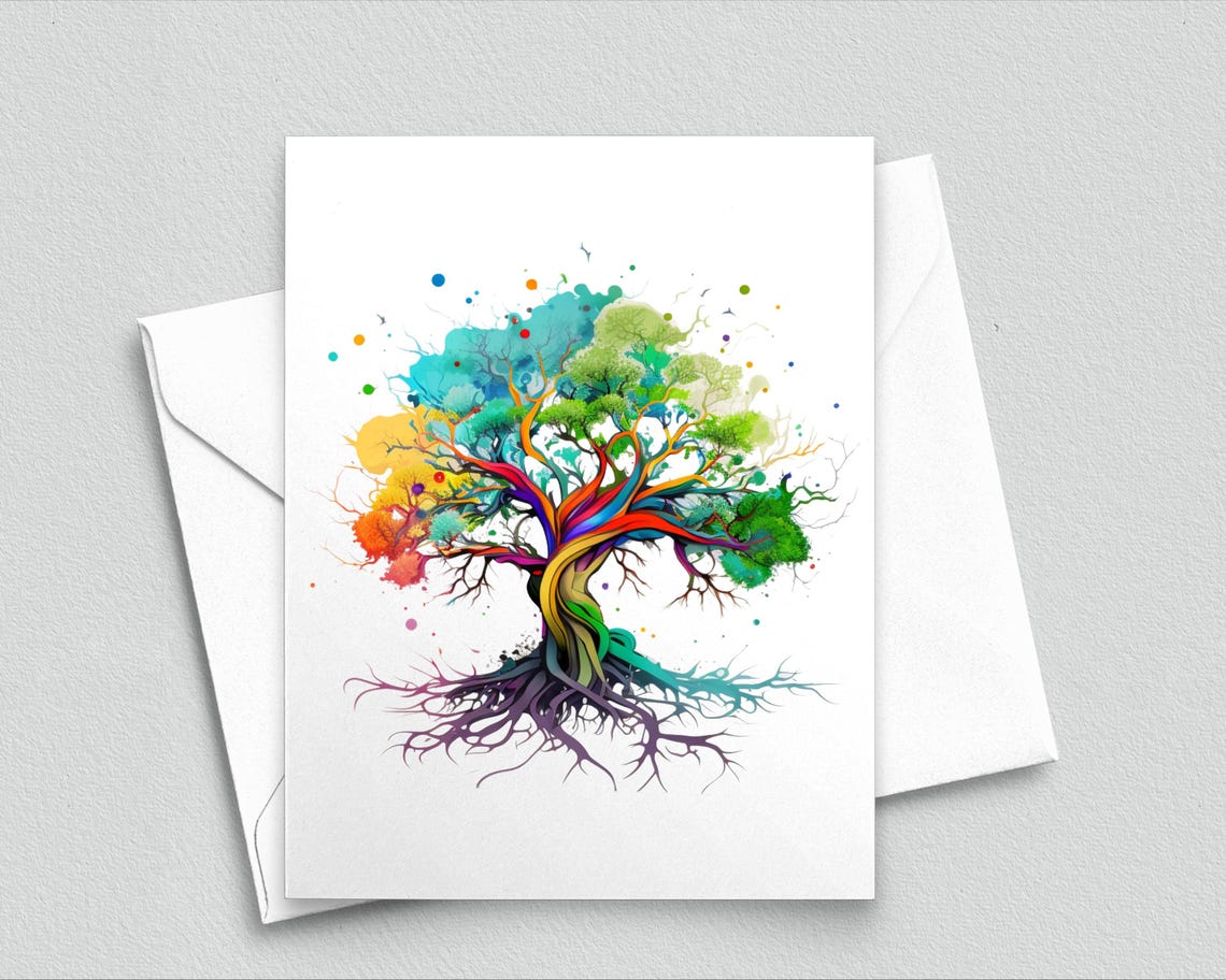 Vibrant Rainbow Tree of Life Note Card – Colorful Roots, Branches Art ...