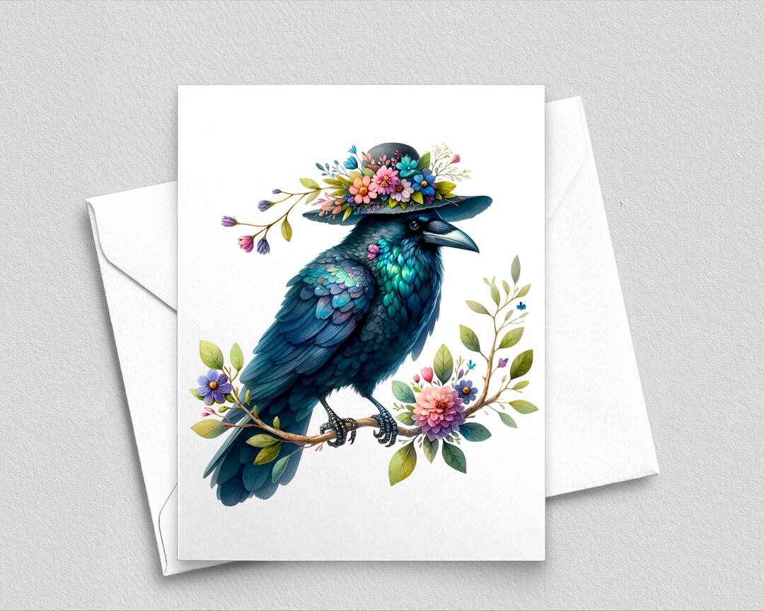 Customizable Raven Note Card: Whimsical Gothic Black Bird With Floral ...