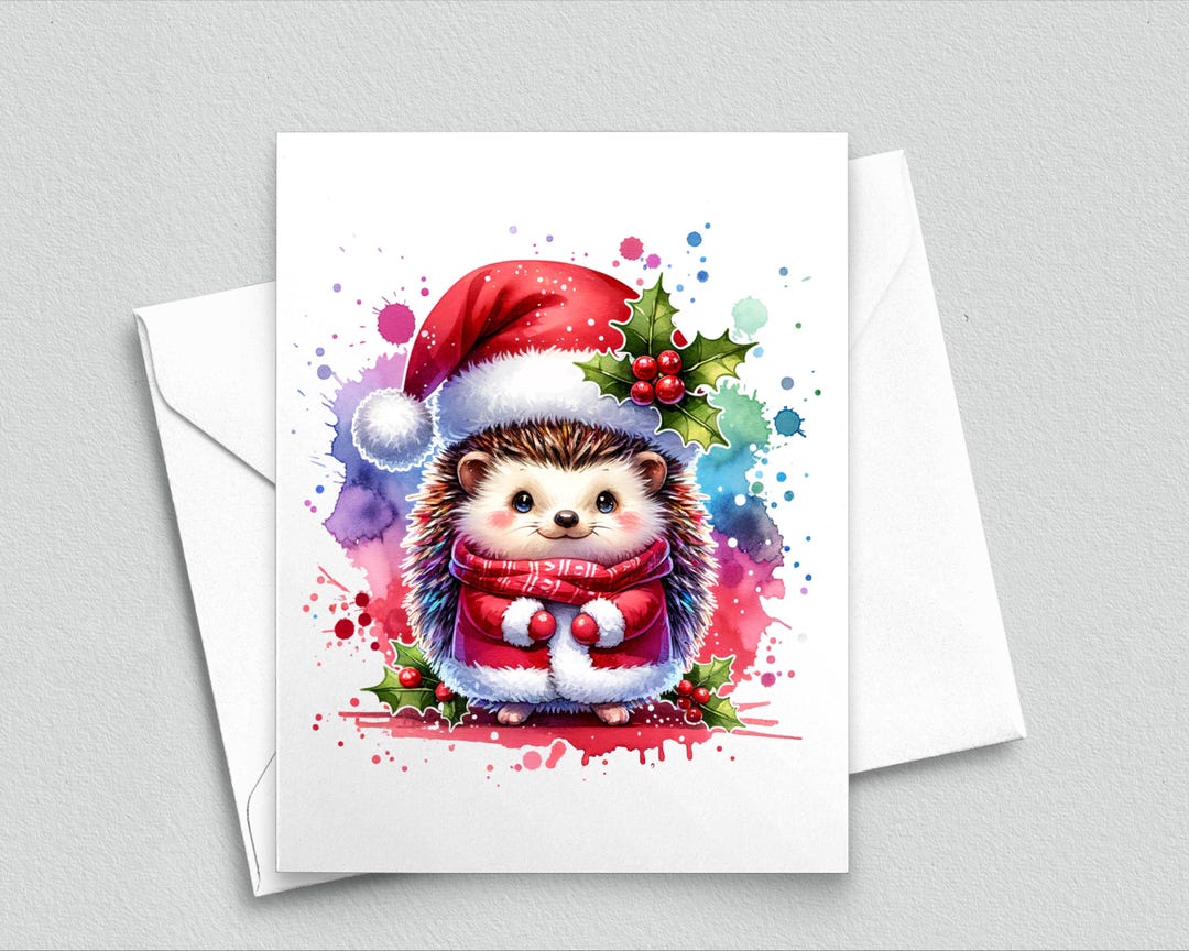 Cute Christmas Hedgehog Note Card, Festive Holiday Card With Santa Hat ...