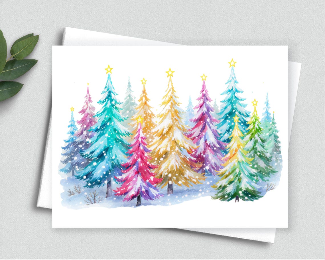 Customizable Colorful Christmas Pines Note Card – Rainbow Christmas ...