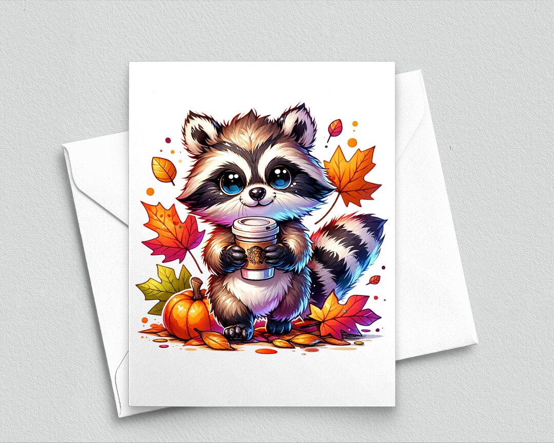 Customizable Cozy Autumn Raccoon Note Card: Pumpkin Spice Latte ...