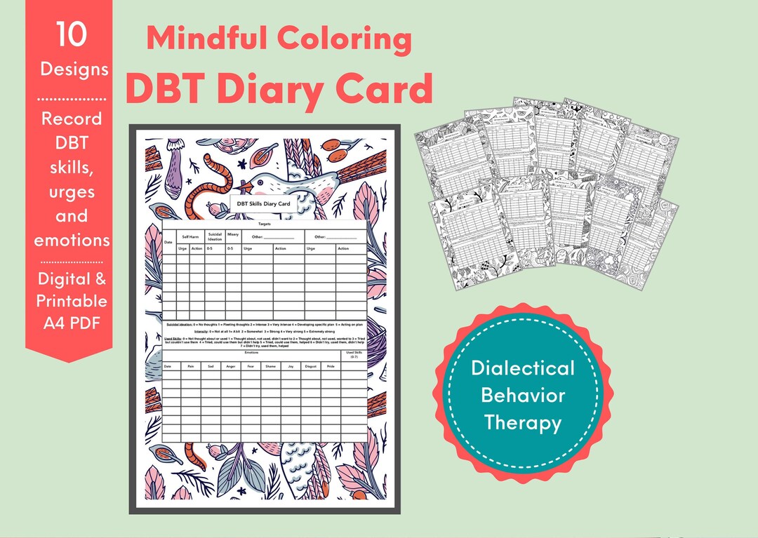 Coloring-in DBT Skills Diary Cards | 10 Designs to Instantly Download ...