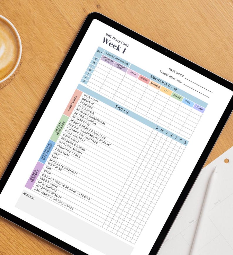 Weekly DBT Diary Cards, 52 Week Undated Skills Tracker, Dialectical ...