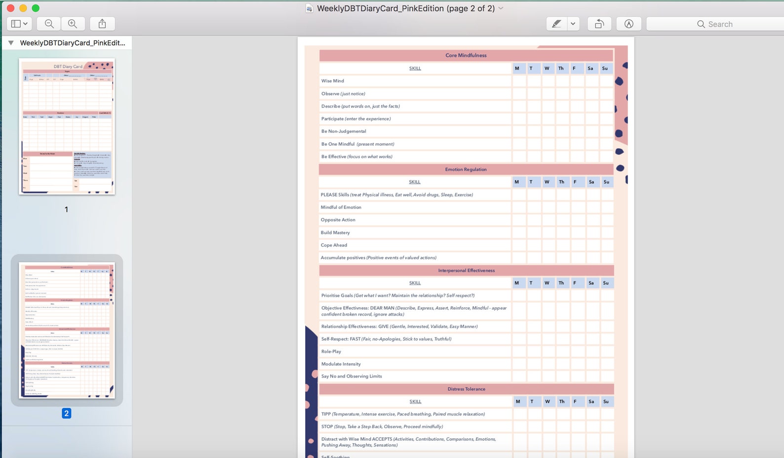 DBT Diary Card Simple Weekly Template Digital Printable Pdf Jpg Etsy UK