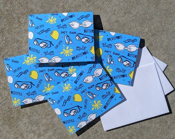 FOUR Just Swim Note Cards With Envelopes, Swim Stationery, Swim Gift ...