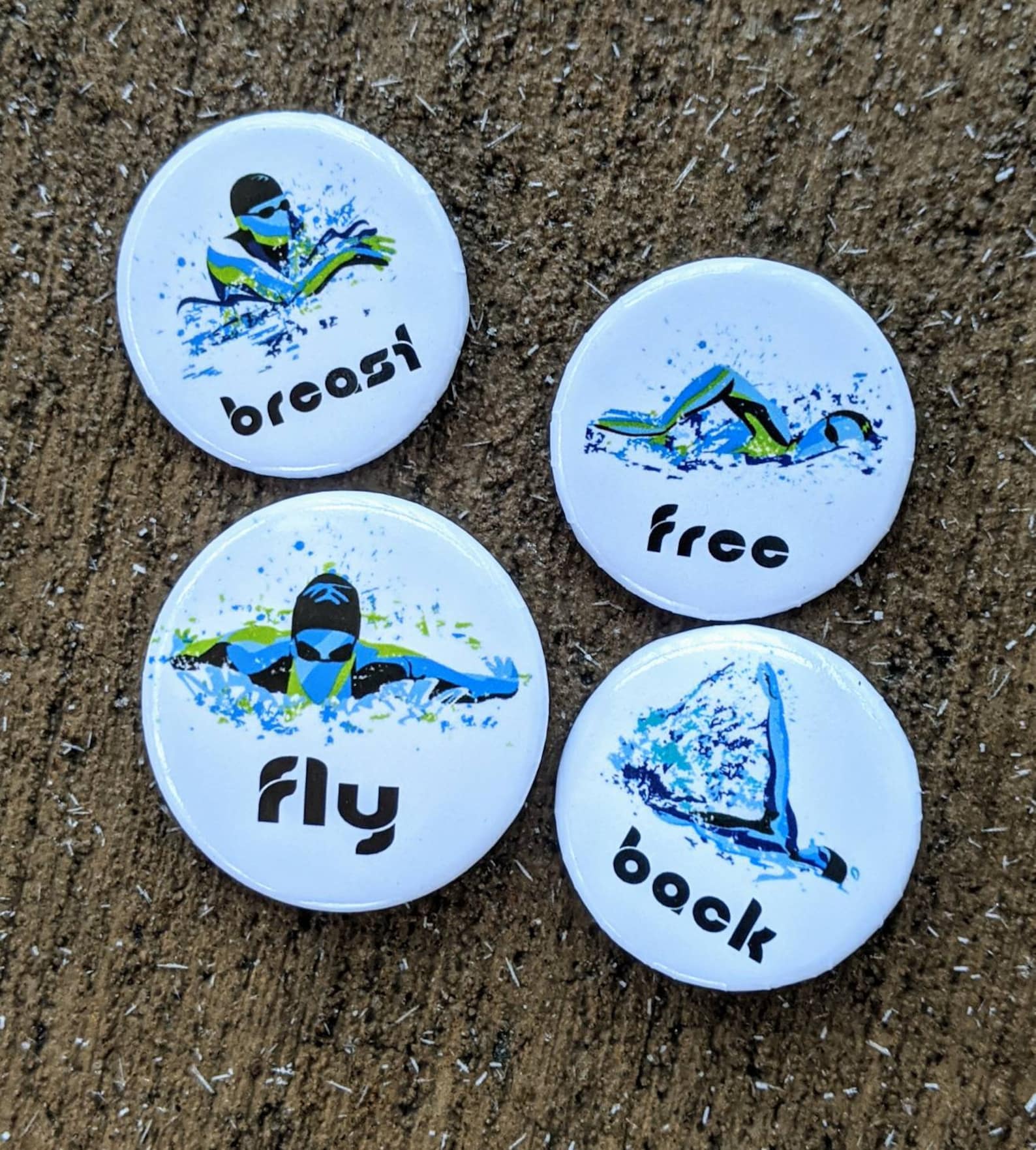 Four MINI Swim BUTTONS, Butterfly, Backstroke, Breaststroke, Freestyle ...