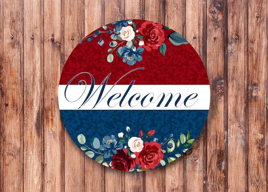 Red White and Blue Floral Welcome Wreath Sign - Etsy
