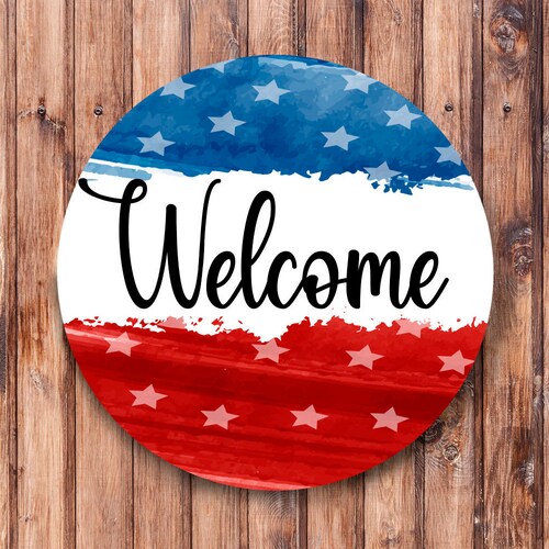 Red White and Blue Welcome Wreath Sign - Etsy