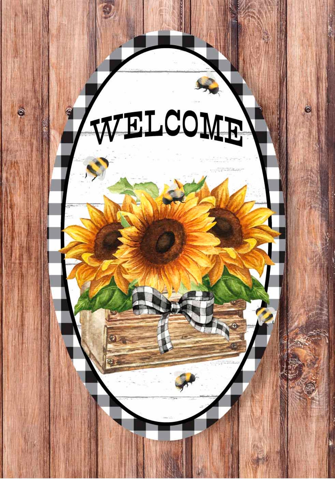 Sunflower Welcome Black Check _oval Wreath Sign - Etsy