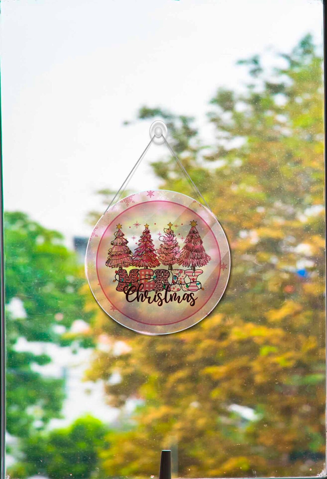 Merry Christmas Pink Trees Acrylic Suncatcher - Etsy