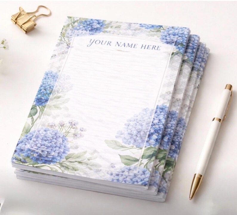 Personalized Hydrangea Notepad | Custom Name Writing Pad | Blue Floral ...