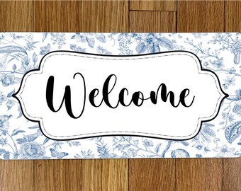 Chinoiserie Elegant Floral Wreath With Welcome Sign, Country Blue and ...