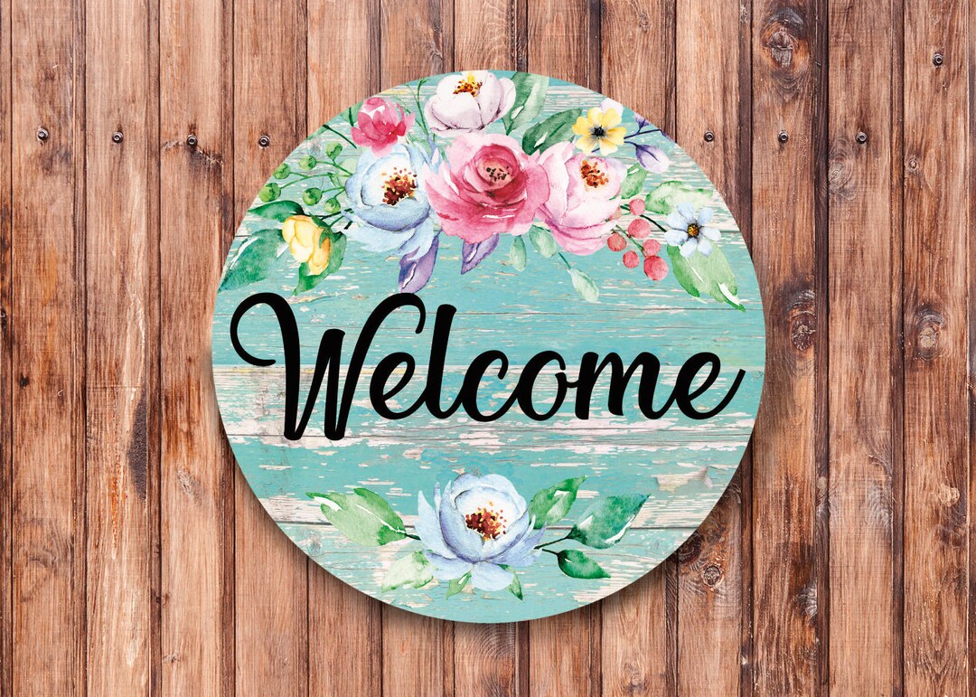 Welcome Teal Wood and Floral Wreath Sign - Etsy