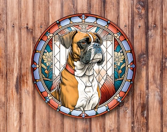Beautiful Brown & White Boxer Faux Stained Glass Wreath Sign-dog-pets ...