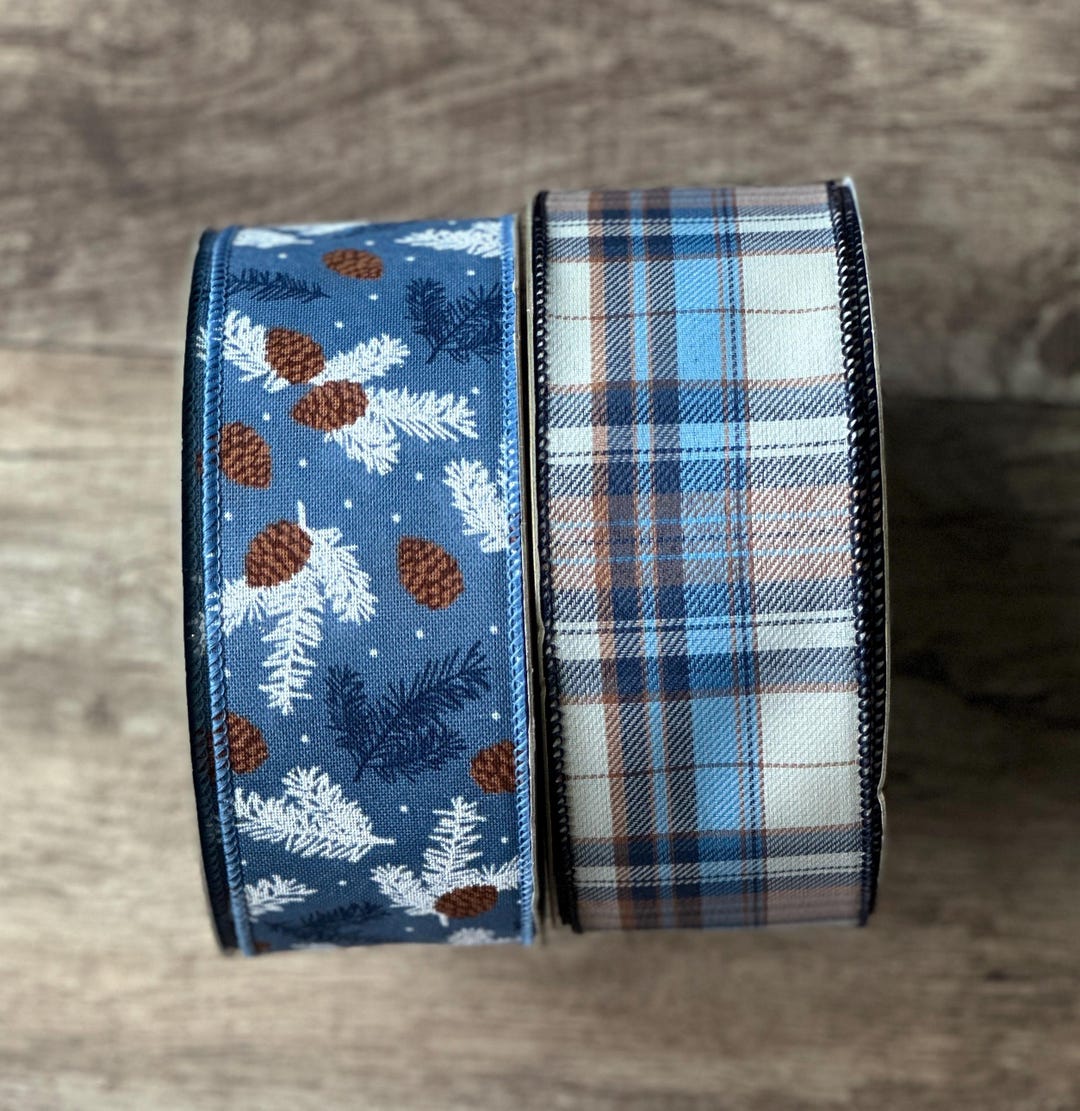 Pinecones and Blue Plaid Wired Ribbon - Etsy