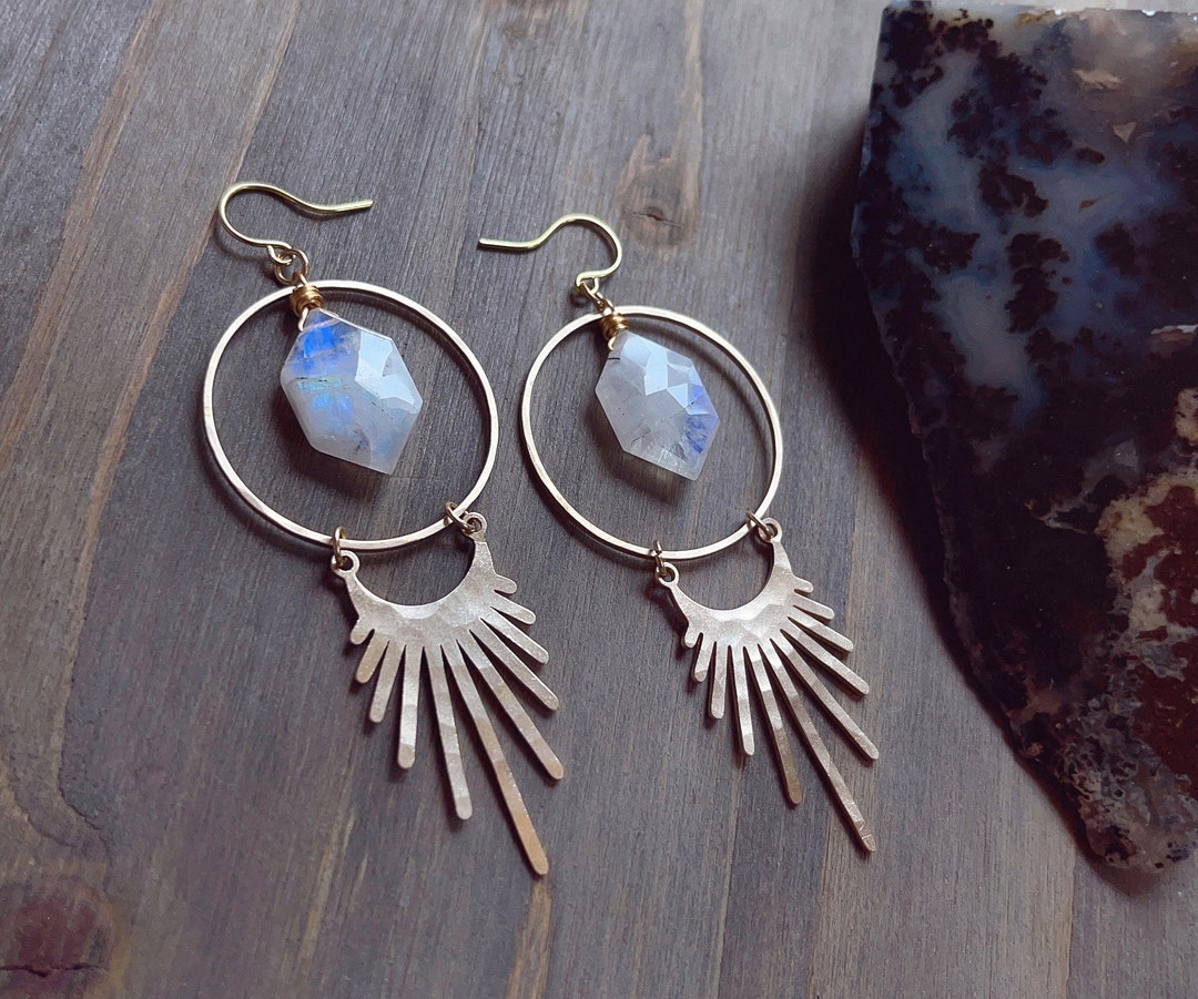 Rainbow Moonstone and Hammered Brass Sunburst Earrings // Moonstone ...