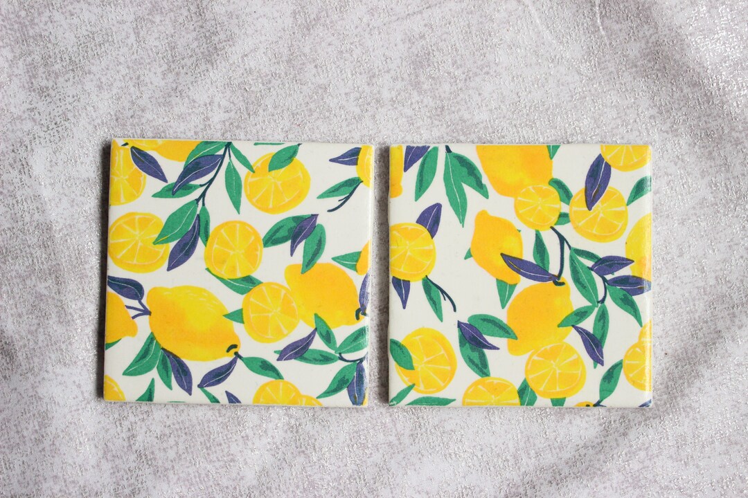 Lemons Ceramic Coasters - Lemons With Navy and Green Foliage ...
