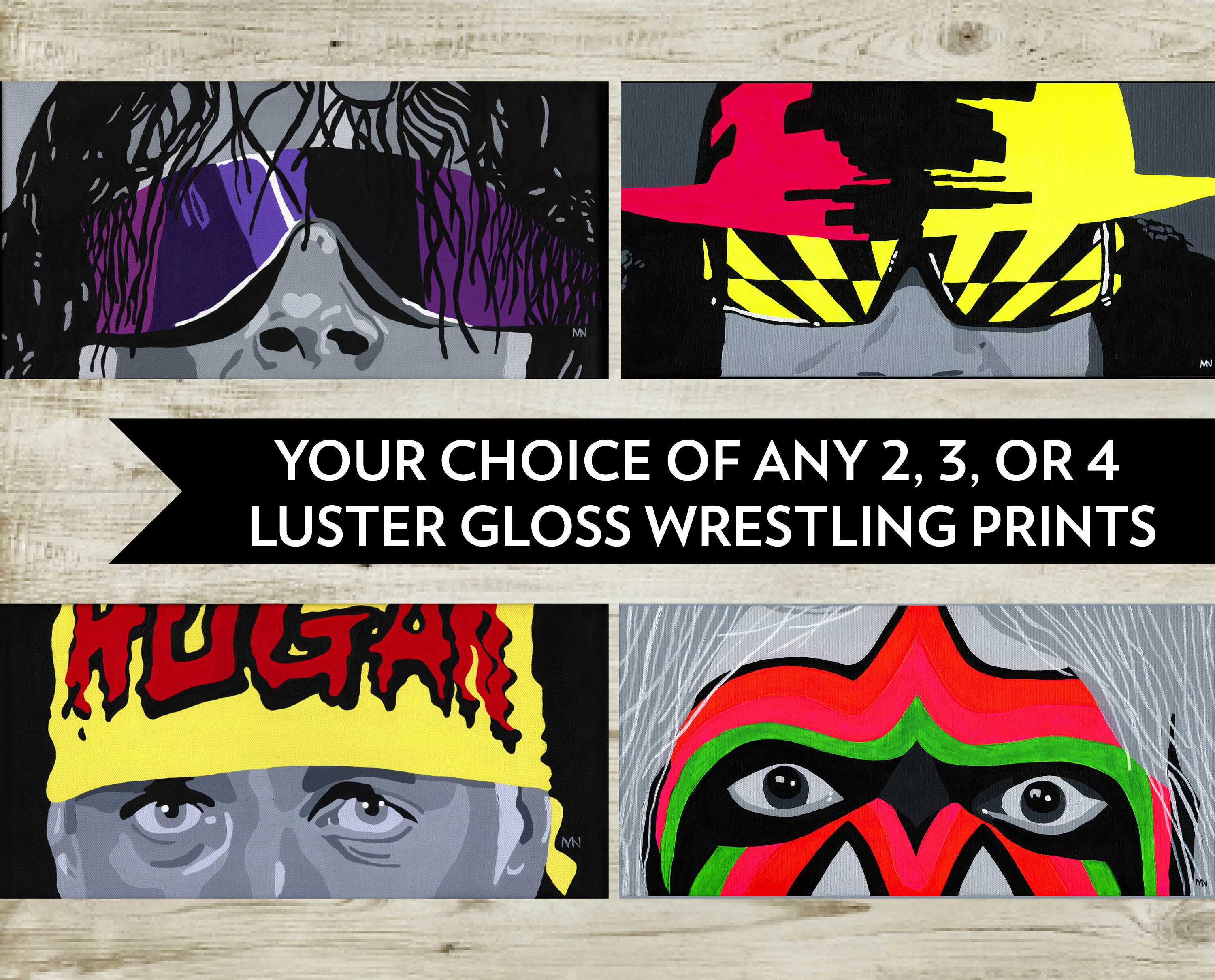 Set of 2, 3, or 4 Wrestling Poster Prints of Original Paintings - 8" X ...