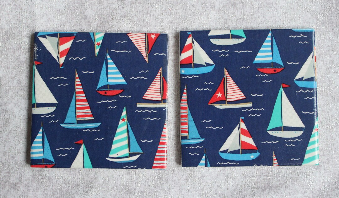 Nautical Sailboat Handmade Ceramic Coasters - Set of 2 - Repurposed ...