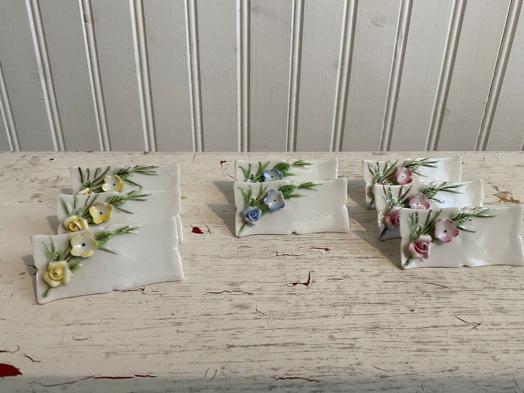 Eight Vintage Porcelain Place Cards, Raised Flowers on White Porcelain ...