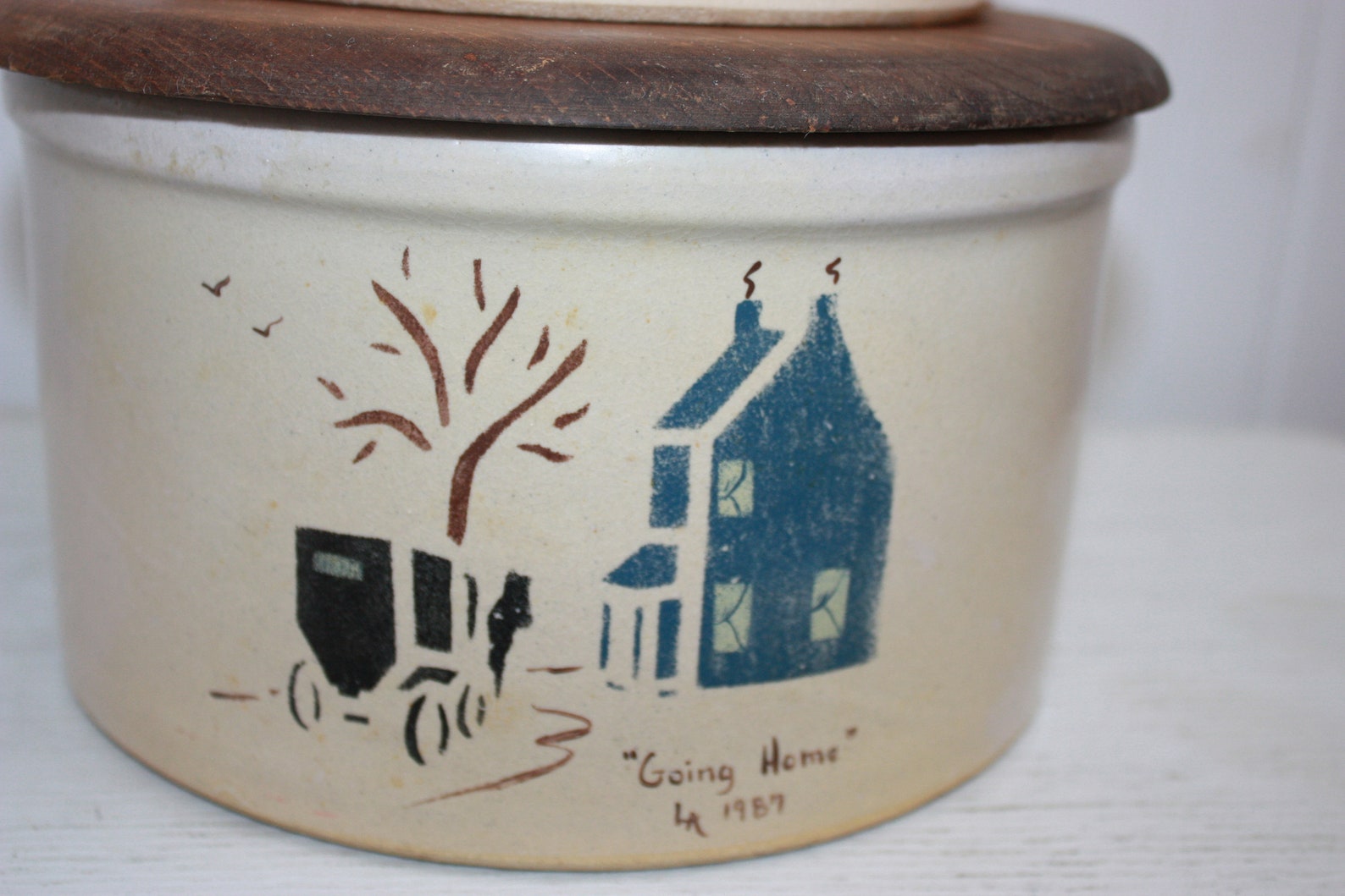 1987 Vintage Stoneware Crock Canister Set With Wood Lids, Amish ...