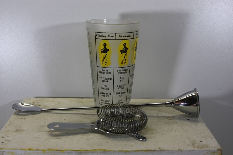 Vintage Libbey Barware Set, Libbey Mixer Glass, Stainless Strainer and ...