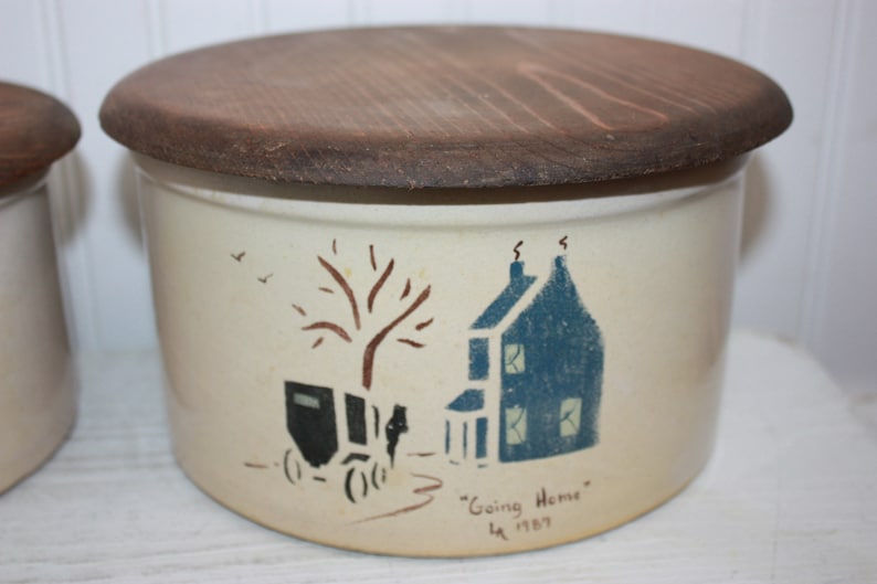 1987 Vintage Stoneware Crock Canister Set With Wood Lids, Amish ...
