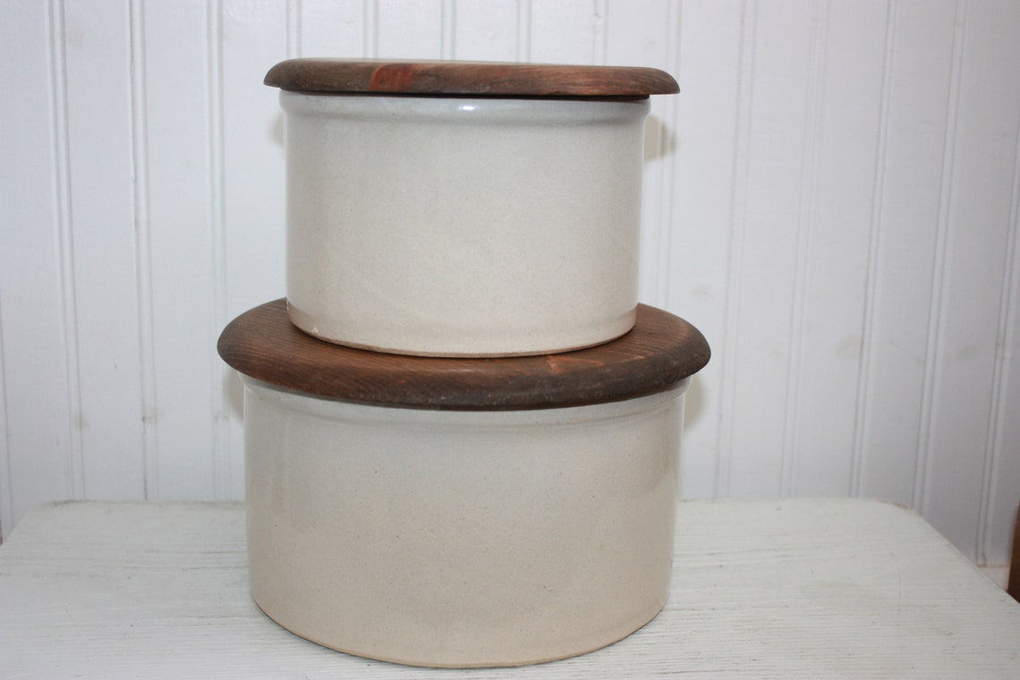 1987 Vintage Stoneware Crock Canister Set With Wood Lids | Etsy