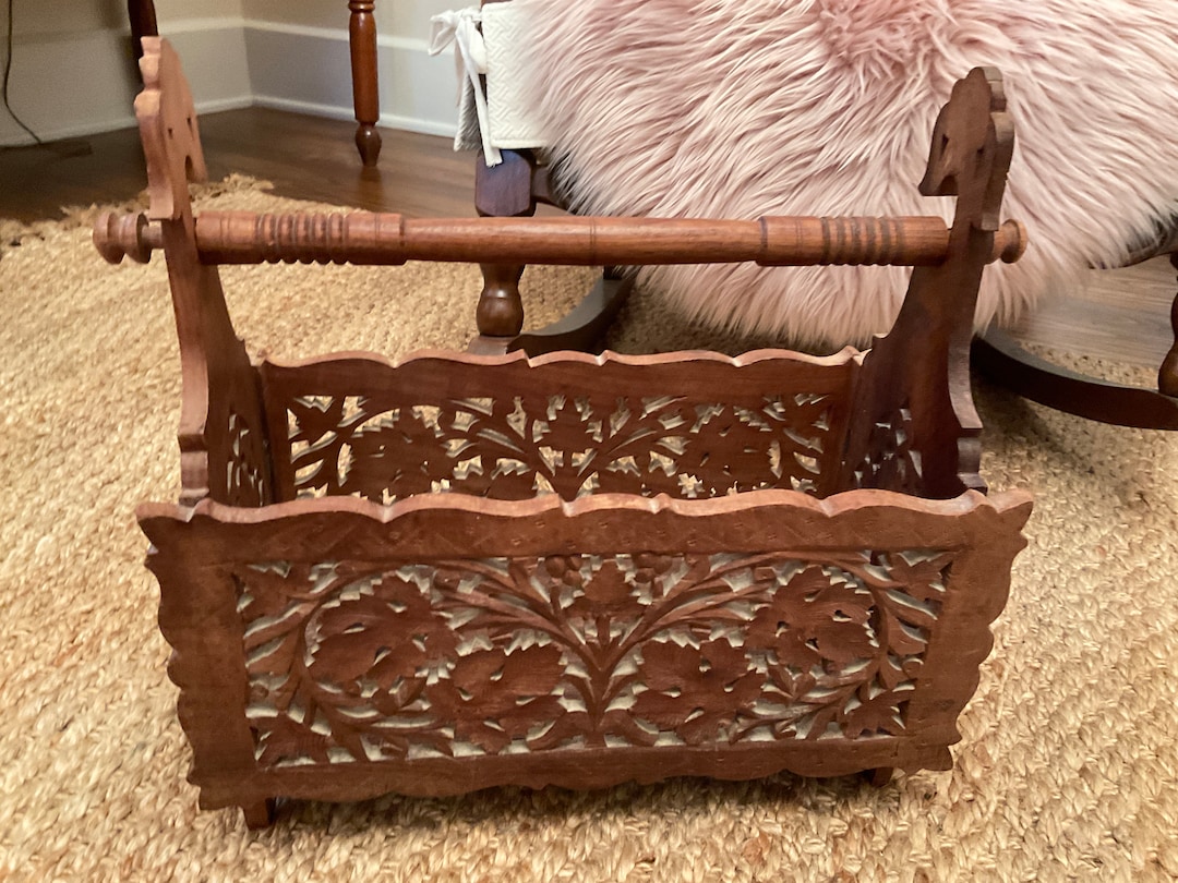 Vintage Boho Style Wood Magazine Holder, Carved Wood Magazine Holder ...