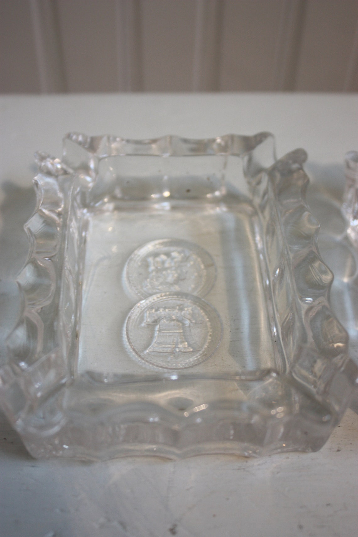 Fostoria Clear Coin Glass Footed Vase and Two Ashtrays, Vintage ...