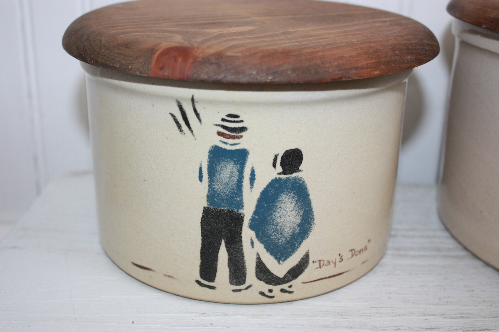 1987 Vintage Stoneware Crock Canister Set With Wood Lids, Amish ...