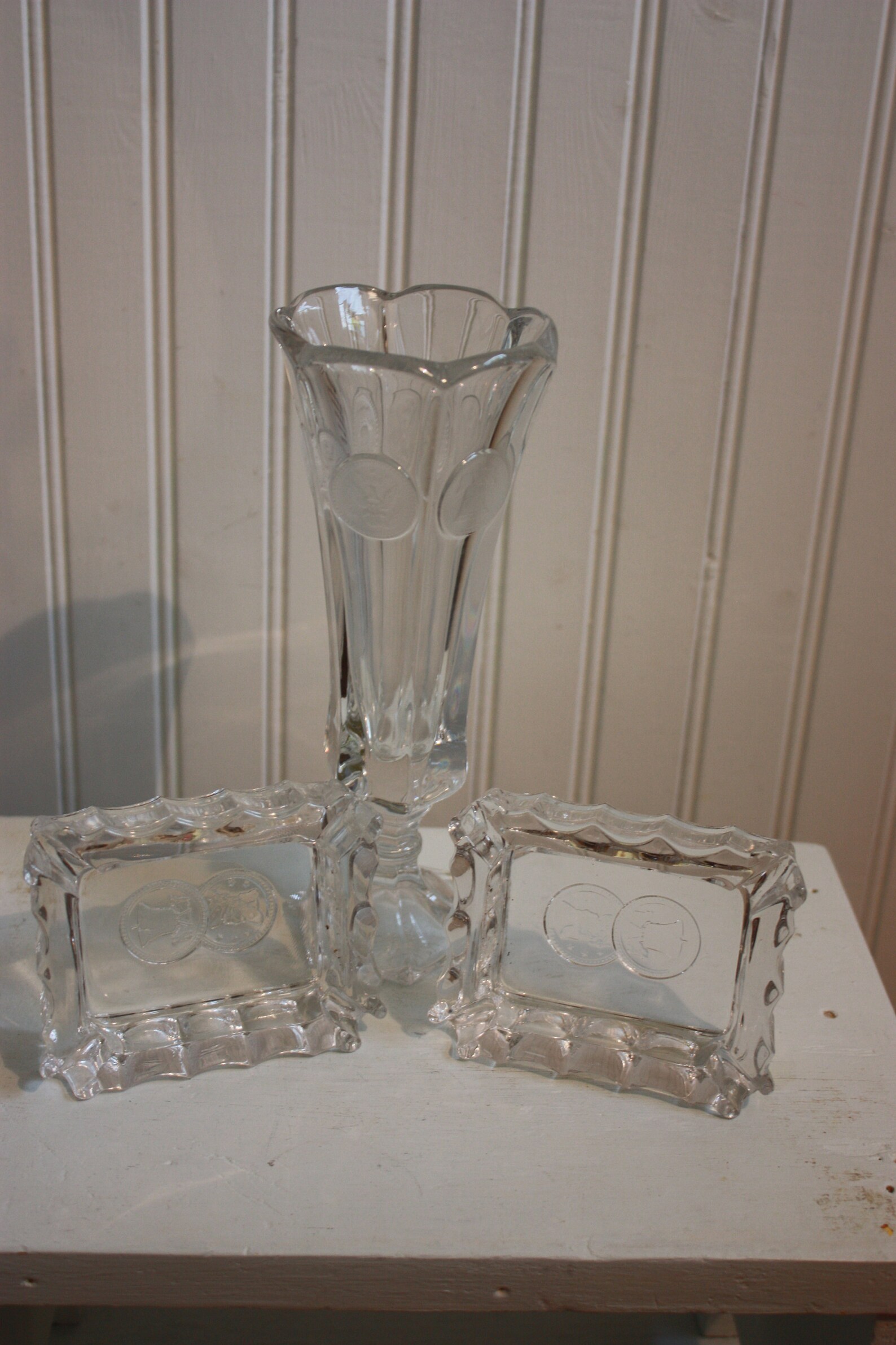 Fostoria Clear Coin Glass Footed Vase and Two Ashtrays, Vintage ...