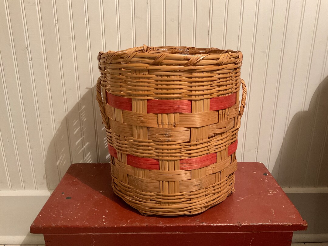 Large Vintage Mexican Woven Basket With Handles, Neutral and Red ...