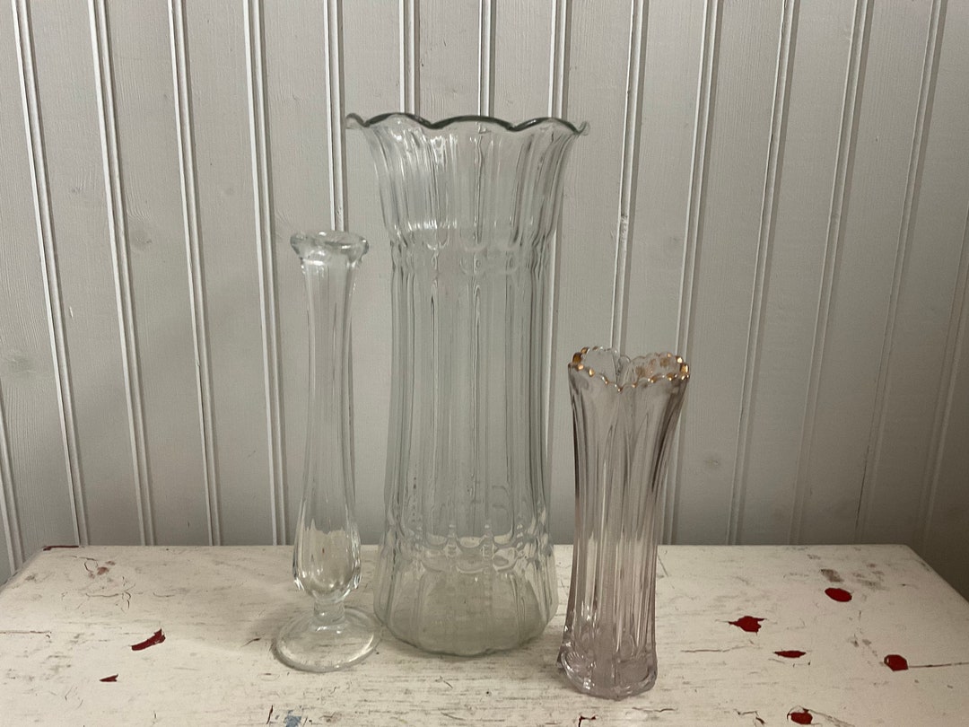 Three Vintage Variety Glass Floral Vases, Three Sizes, Three Designs ...