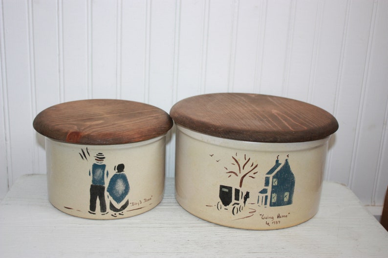 1987 Vintage Stoneware Crock Canister Set With Wood Lids, Amish ...