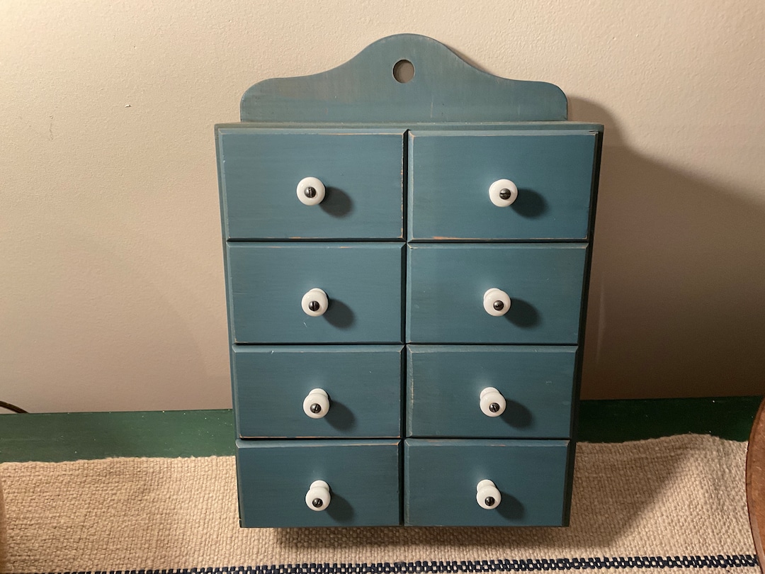 Blue Painted Pine Wood Wall Box With Eight Drawers, Reproduction Box ...